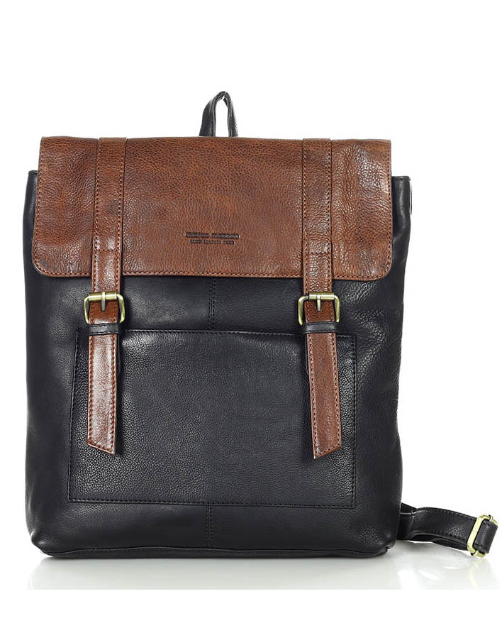 Plecak skórzany damski A4 z kieszenią - MARCO MAZZINI czarny z brąz koniak brąz koniak | sklep ...